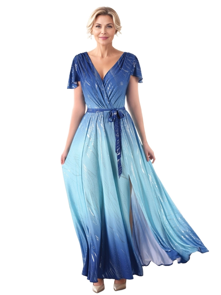 Elegancka niebieska sukienka maxi na wesele – kopertowy dekolt, połysk ...