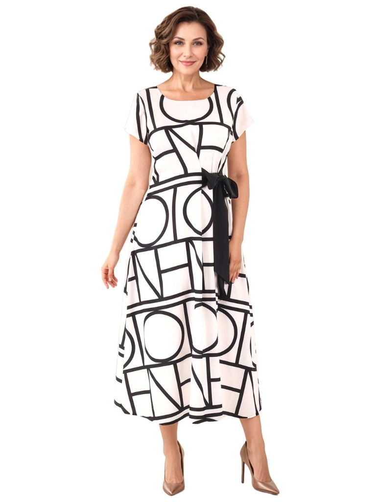 Rozkloszowana sukienka maxi z graficznym printem - biało-czarna, z ...