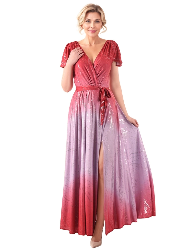 Elegancka sukienka wieczorowa na wesele z paskiem – kopertowy dekolt ...